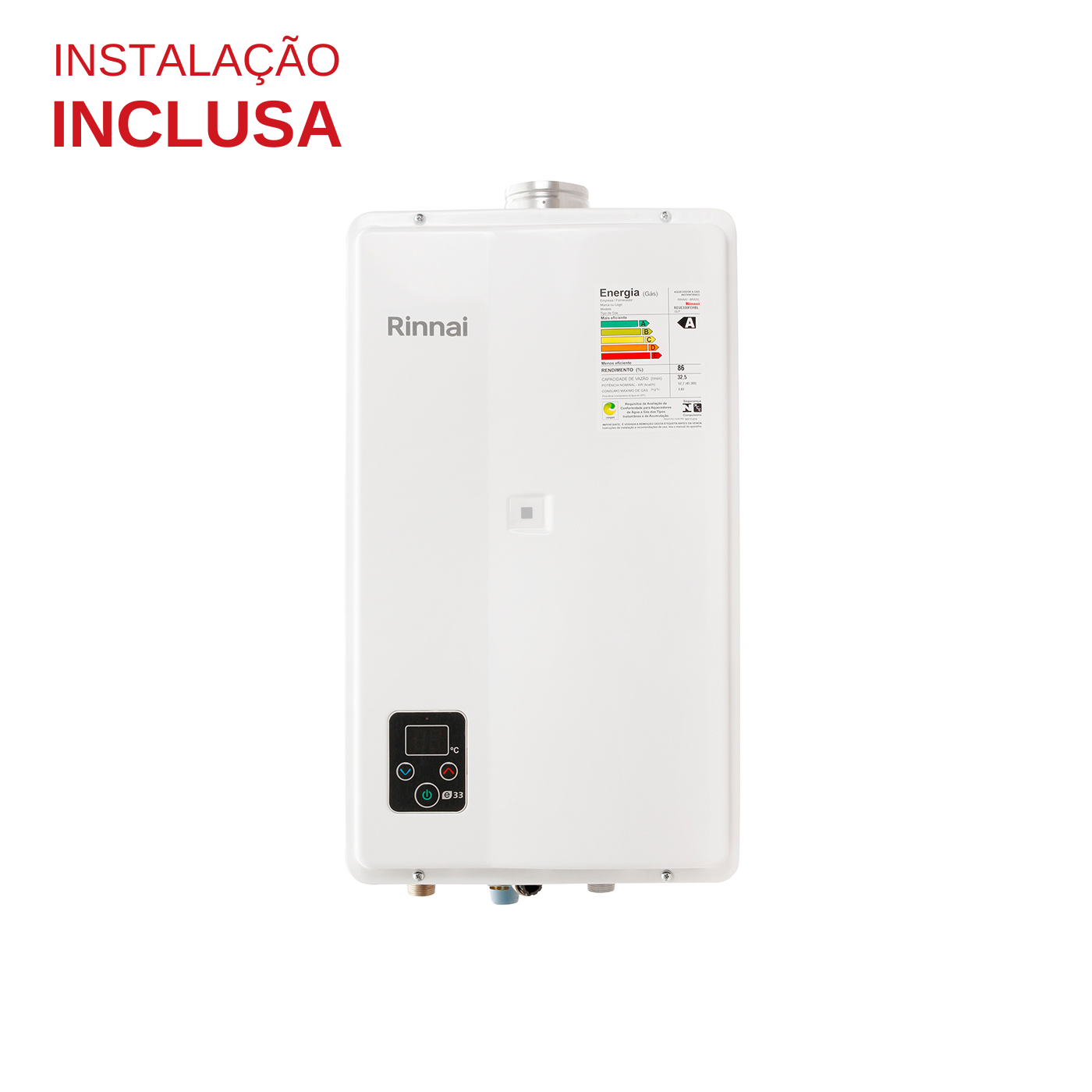 Loja Oficial Rinnai - Comprar Aquecedor a Gás Digital Rinnai E33 instalado GLP Br